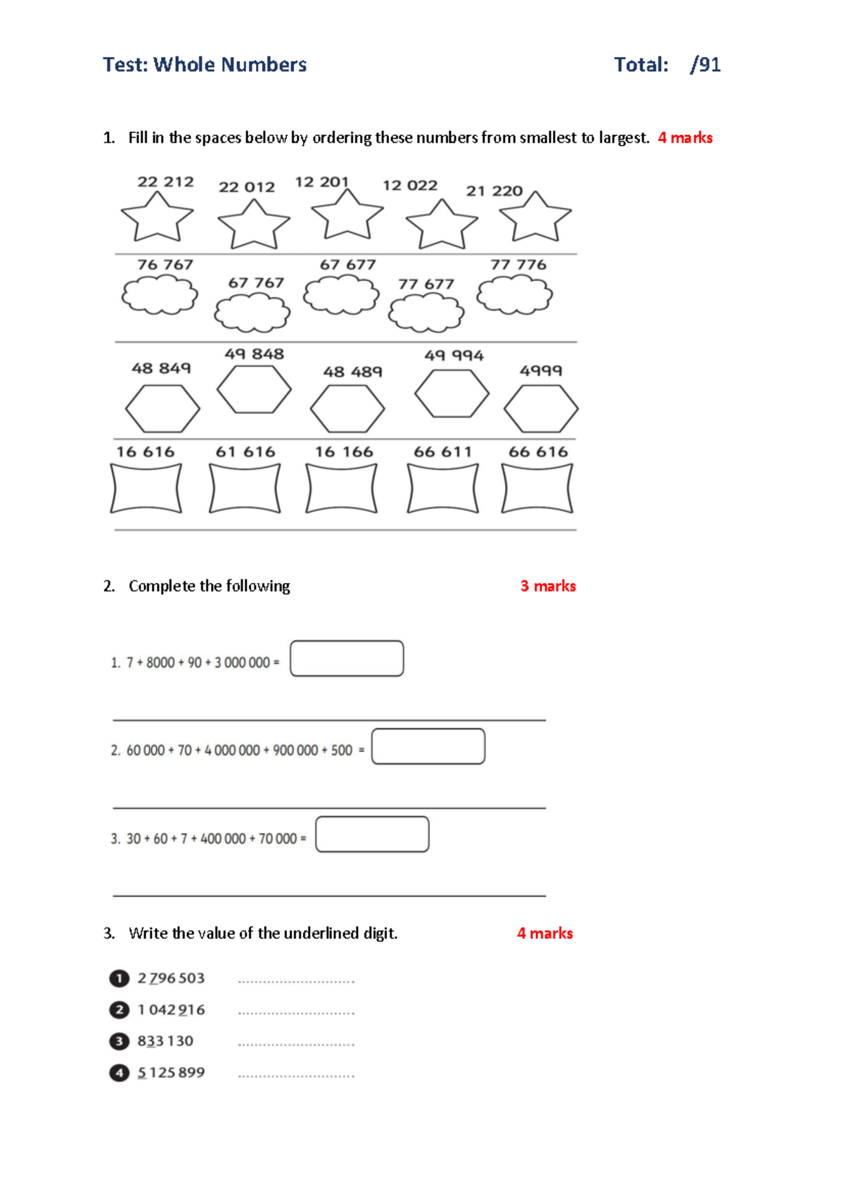 Whole Numbers Test: Ordering, Operations, and Properties - Studocu