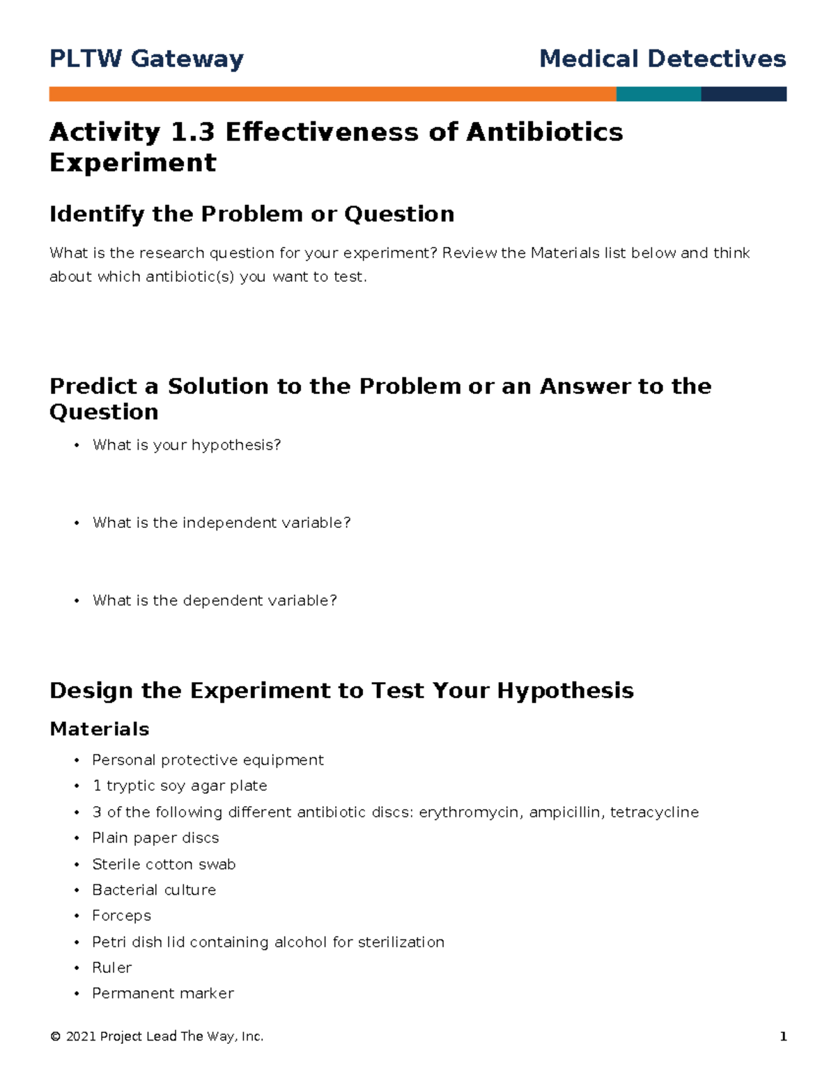 PLTW Gateway Medical Detectives: Antibiotics Experiment MD 1.3 - Studocu