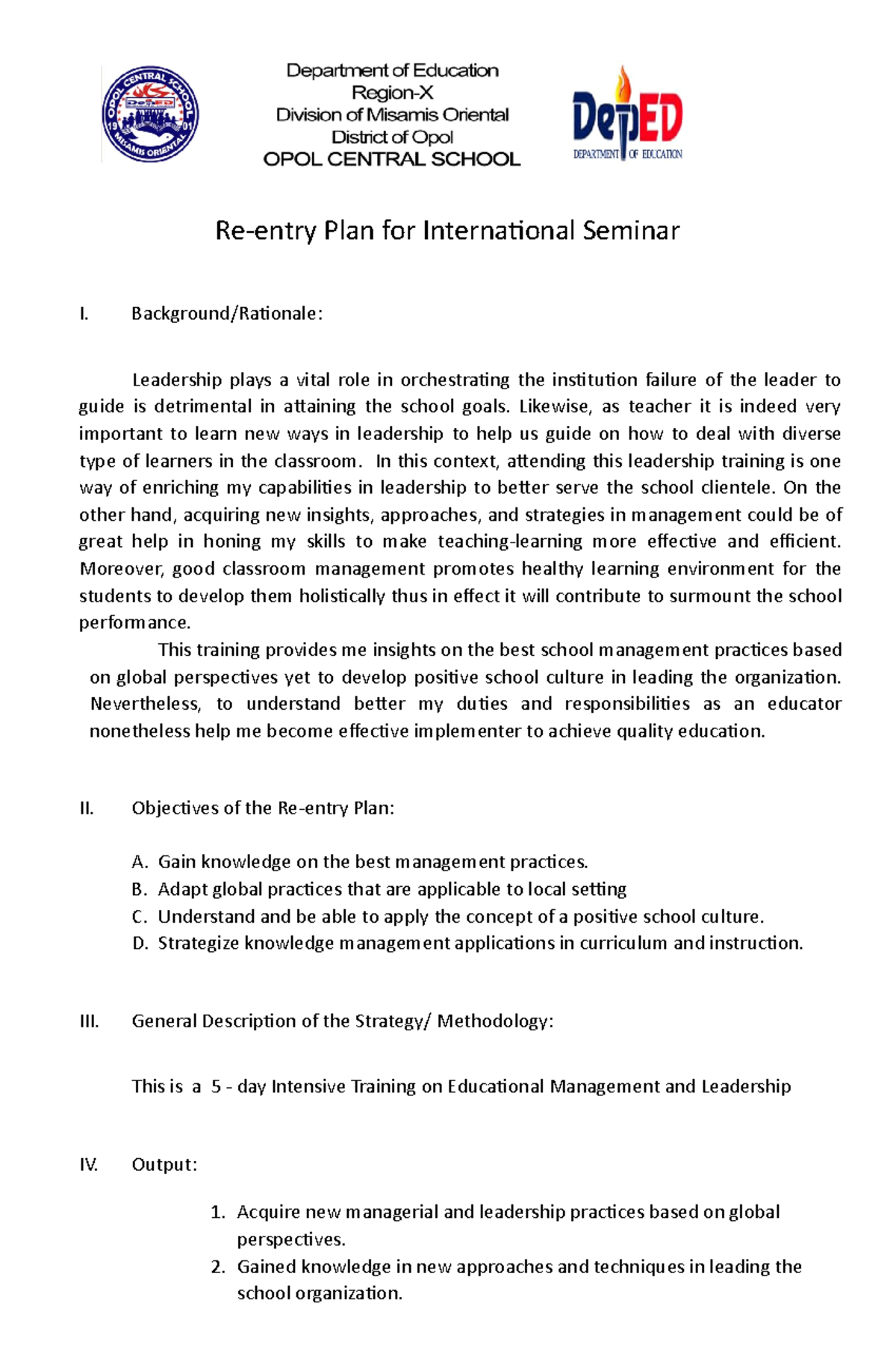 Re-entry Plan for Educational Management Training: Sample Document ...