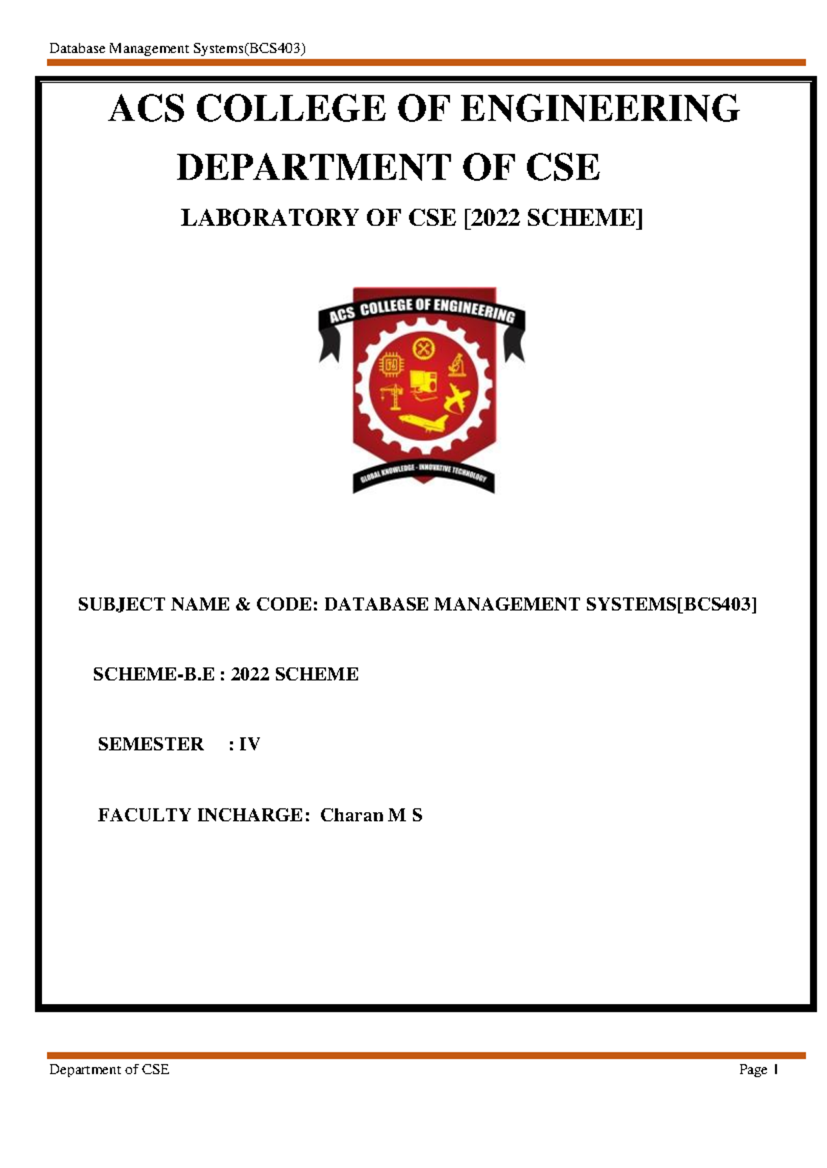 Database Management Systems lab manual - ACS COLLEGE OF ENGINEERING ...