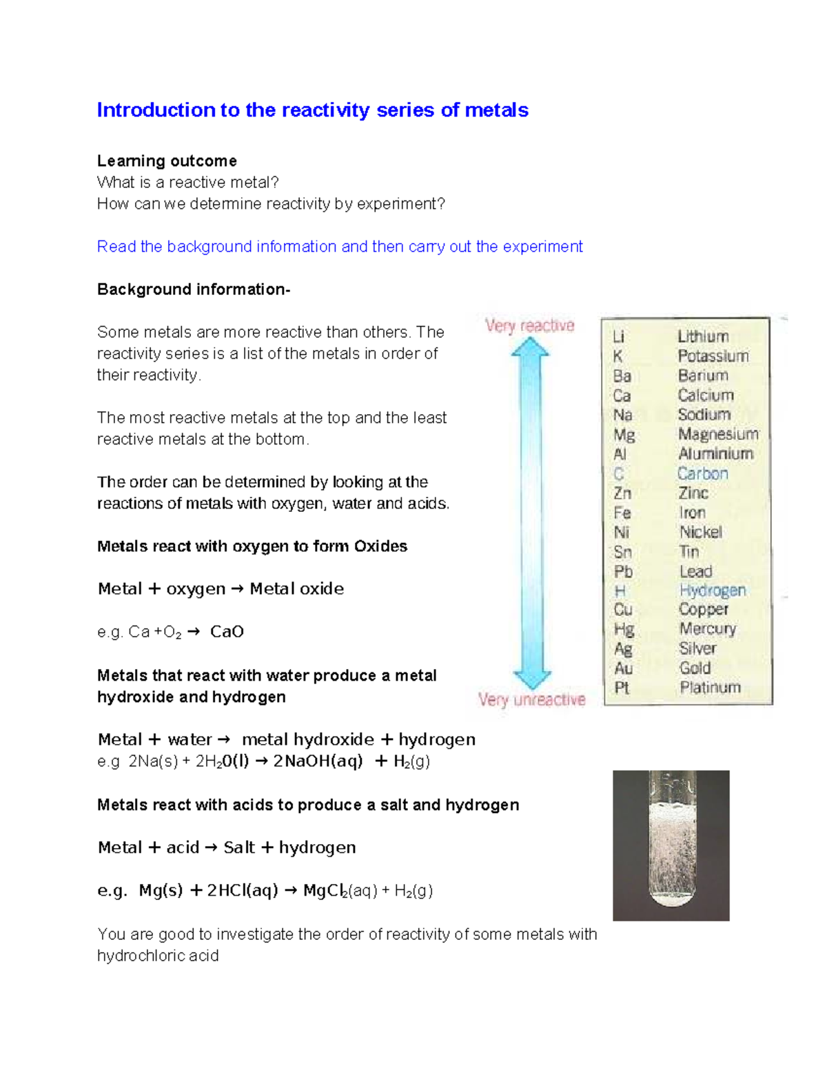 Reactivity Series of Metals: Experiment & Analysis (Chem 101) - Studocu