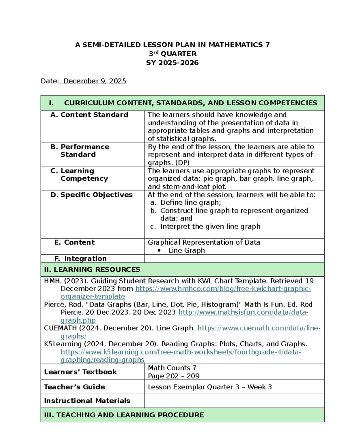 A SEMI-DETAILED LESSON PLAN IN MATH 7: 3rd QUARTER - Studocu