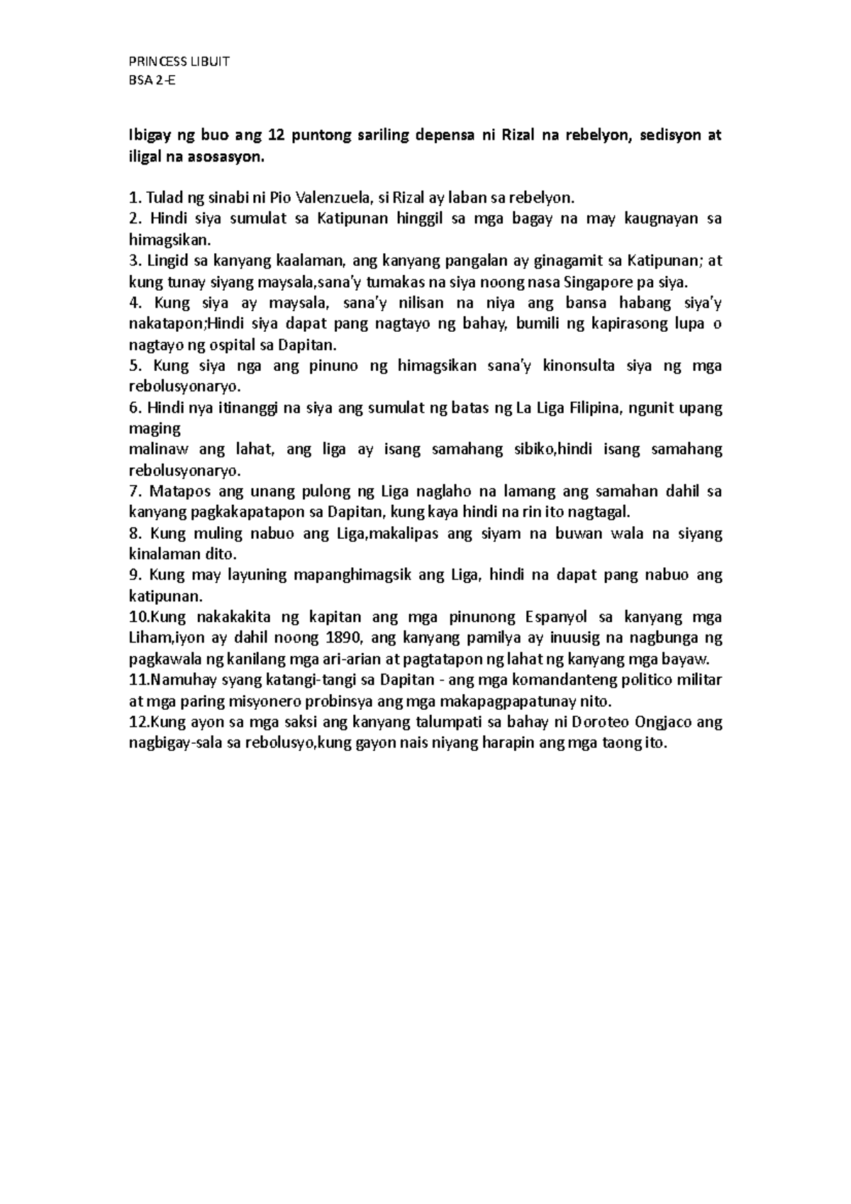 Ibigay ng buo ang 12 puntong sariling depensa ni Rizal na rebelyon ...