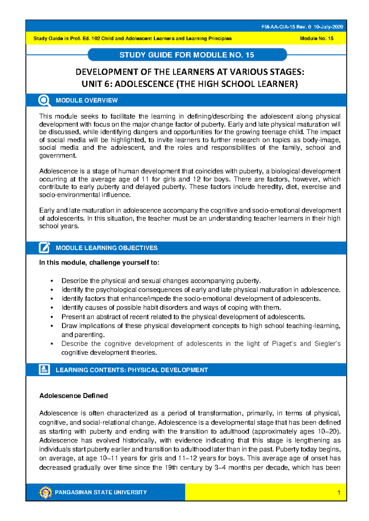 Study Guide for Prof. Ed. 102: Module 15 - Development of Adolescents ...