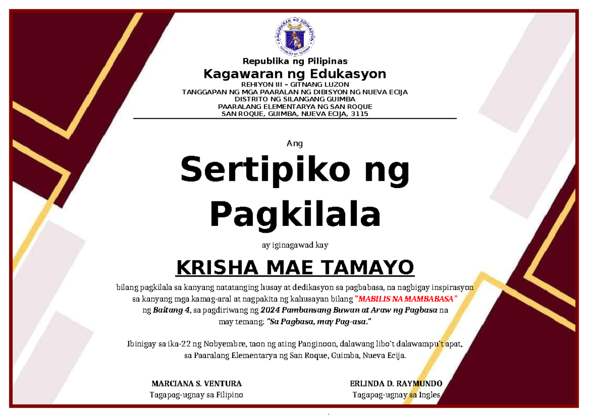 Filipino Certificates-Speed Reader - Republika ng Pilipinas Kagawaran ...