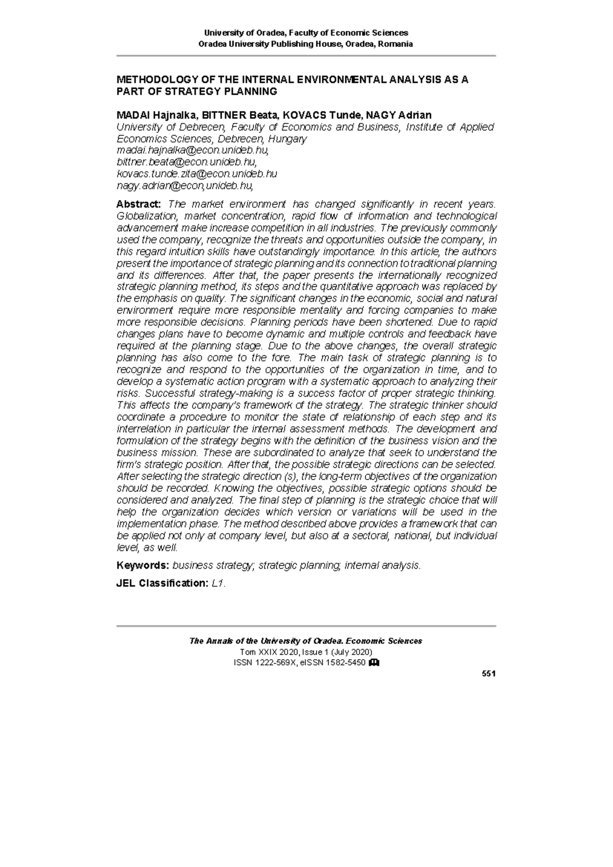 Methodology of Internal Environmental Analysis in Strategic Planning ...