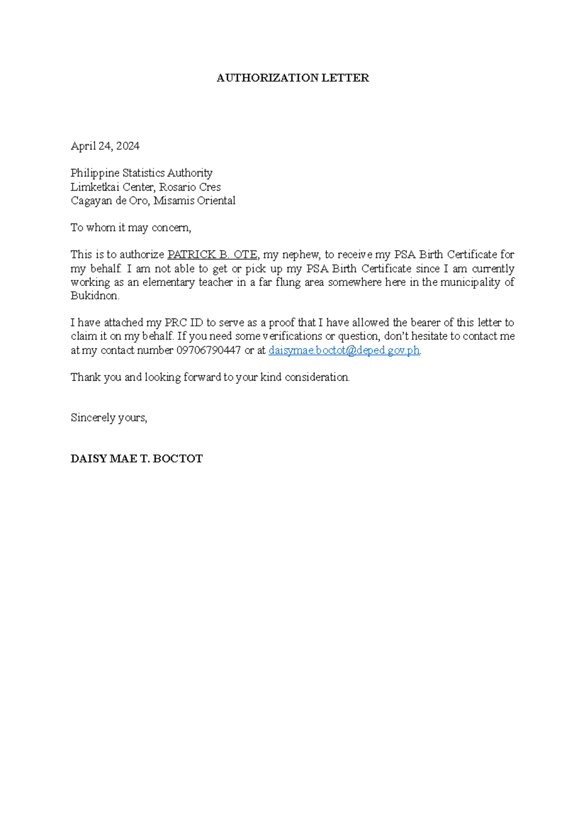 Authorization Letter for PSA Birth Certificate Collection - Studocu