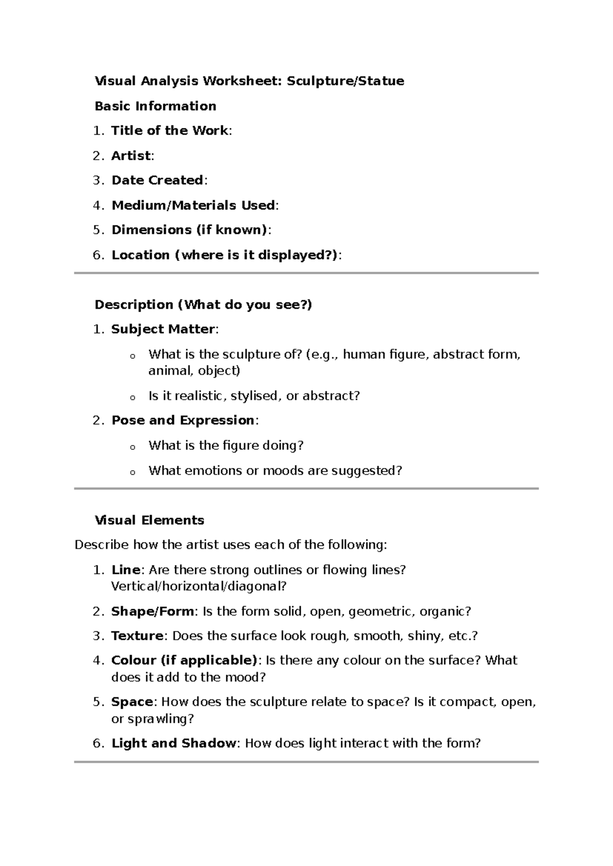 Visual Analysis Worksheet: Statues Overview and Elements - Studocu