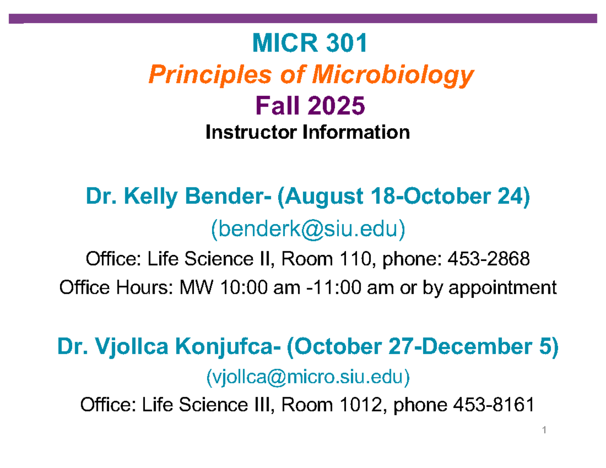 MICR 301 - Principles of Microbiology: Fall 2025 Course Overview - Studocu