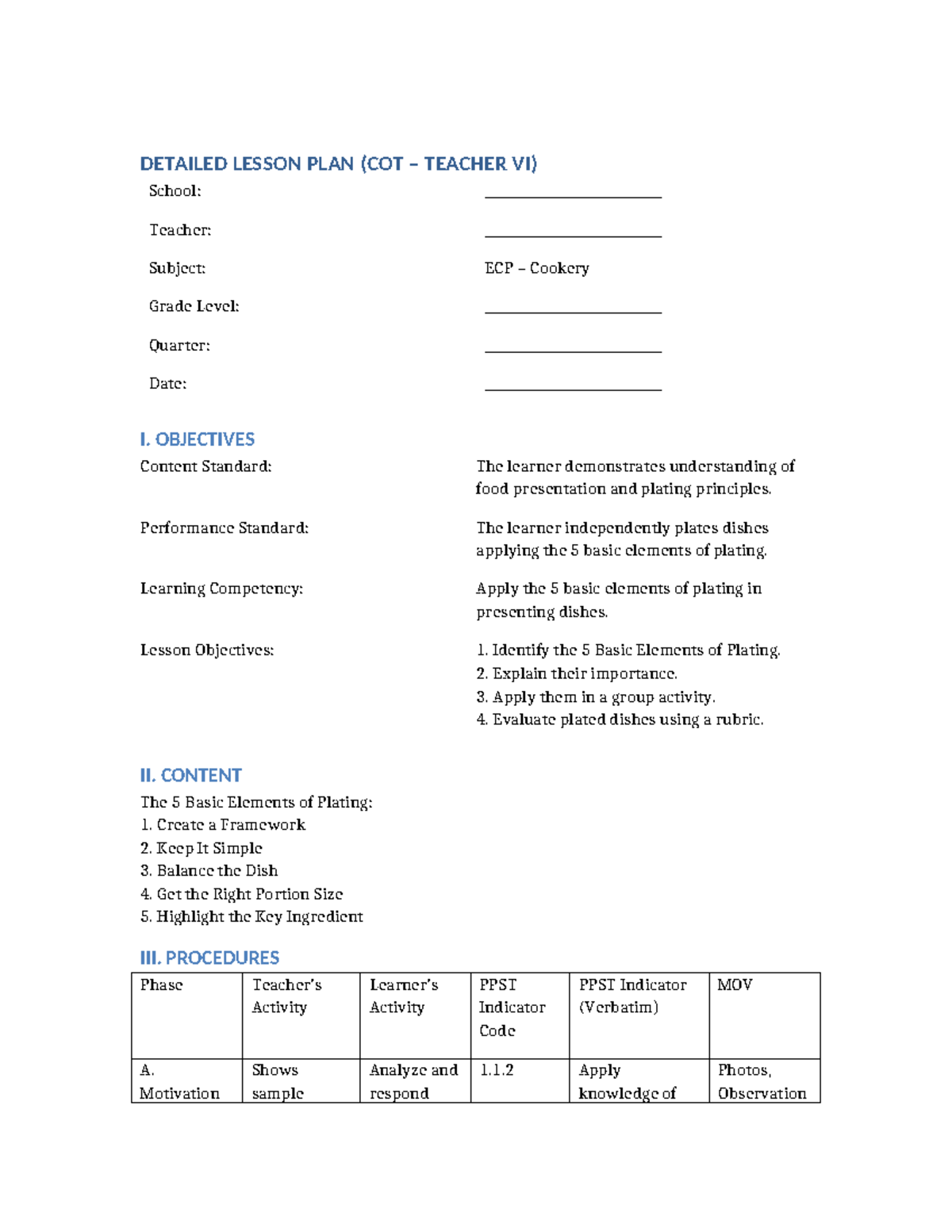 Expanded DLP for ECP Cookery (COT Teacher VI) Lesson Plan - Studocu