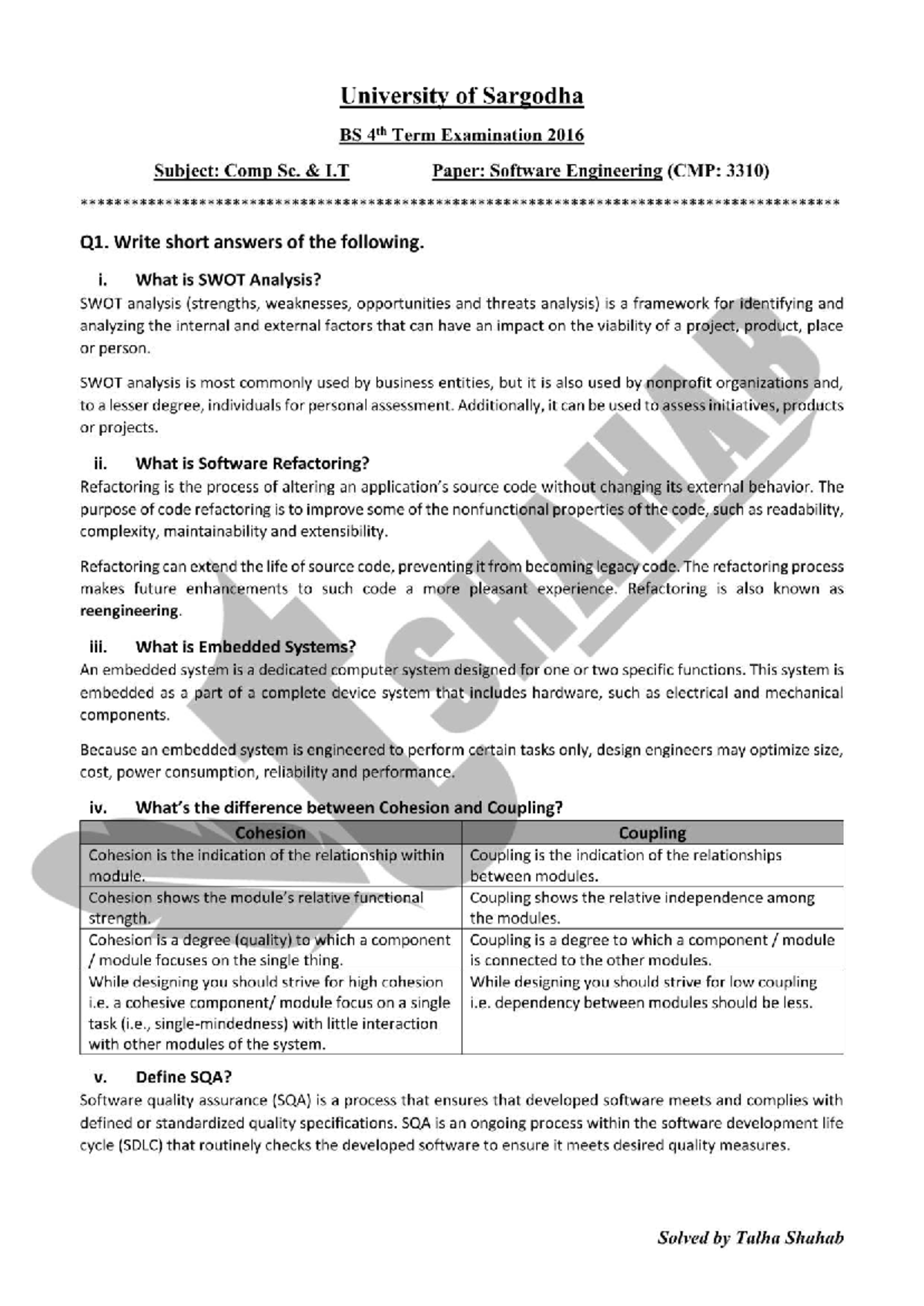 SE CMP: 3310 Software Engineering Past Exam Solutions 2016 - Studocu