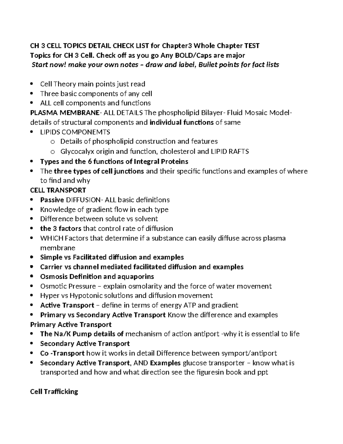 CH 3 Cell Topics Detailed Checklist for Whole Chapter Test - Studocu