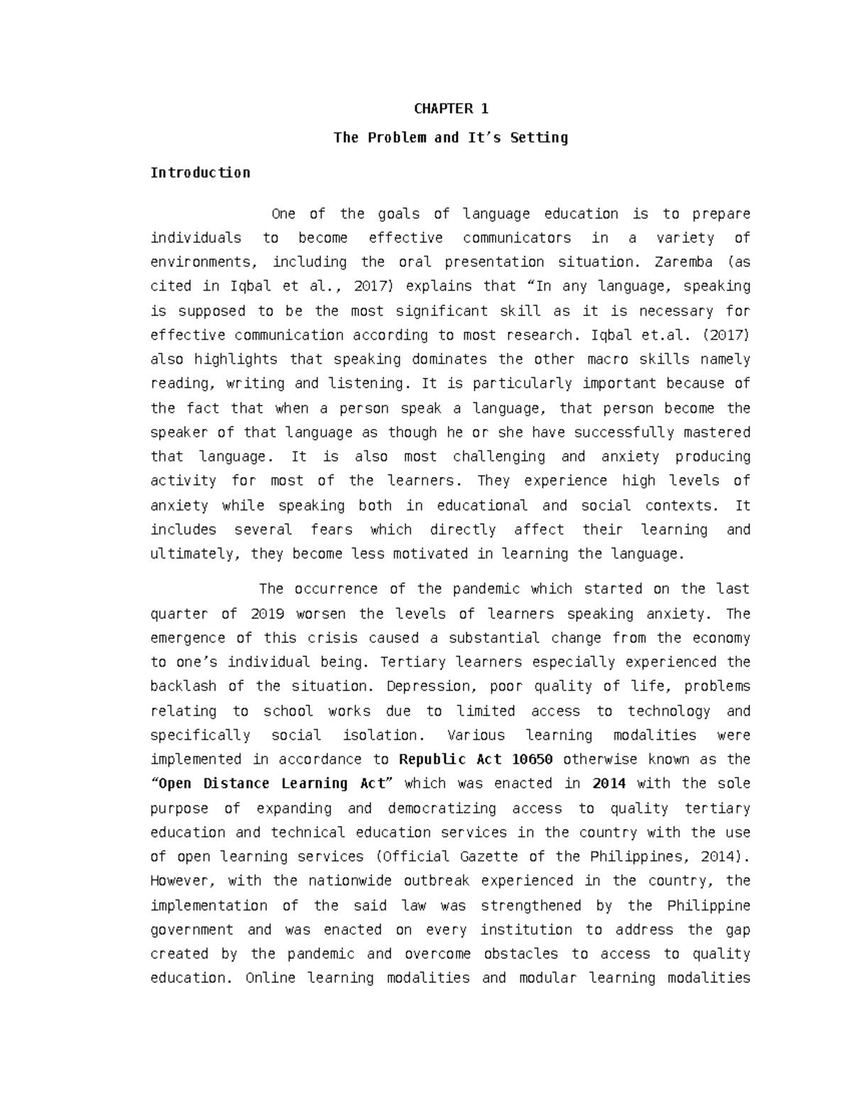 Chapter-1 Language- Research 2023-4 - CHAPTER 1 The Problem and It’s Setting Introduction One of ...