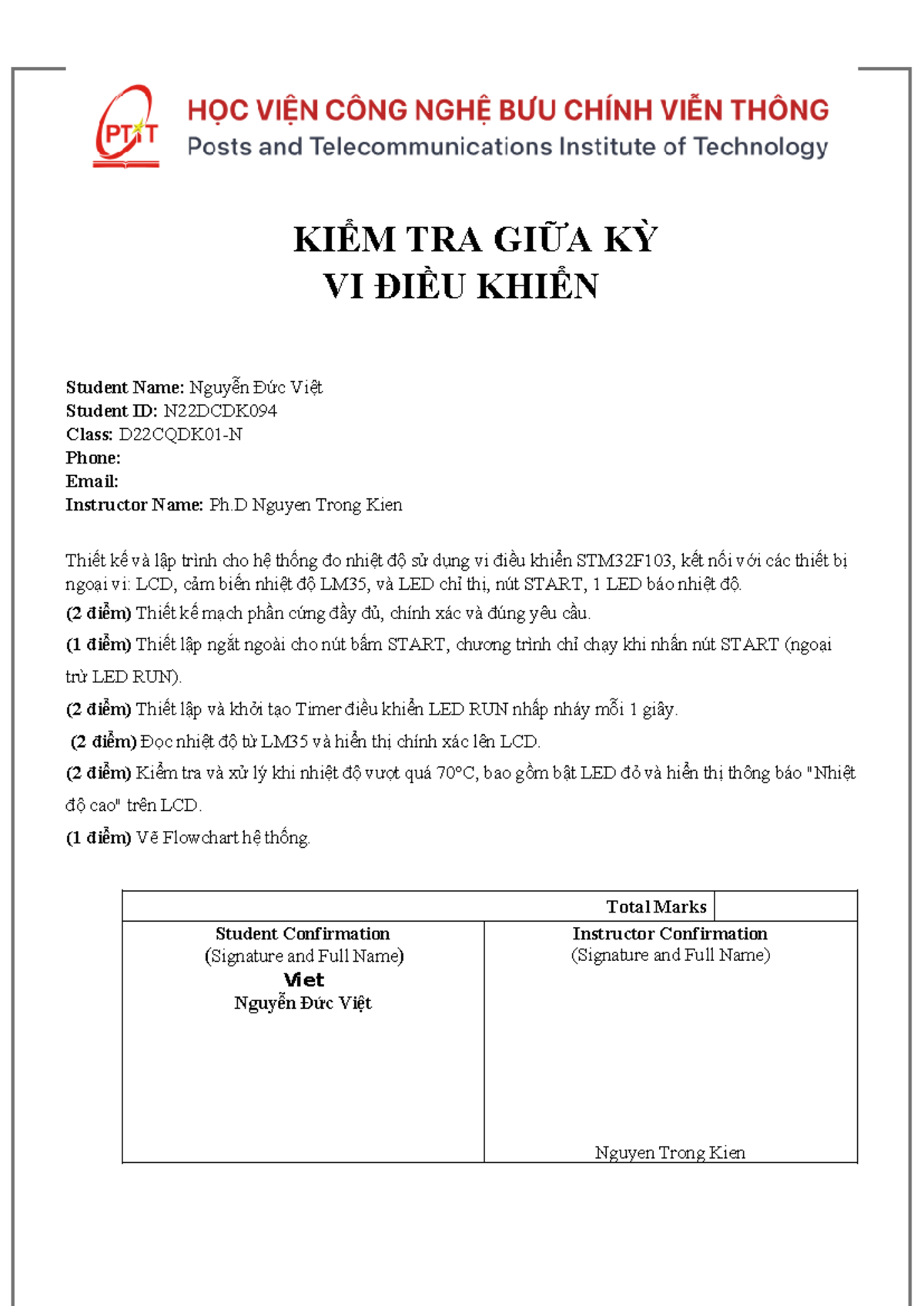 Mid Term examination - halozz - KIỂM TRA GIỮA KỲ VI ĐIỀU KHIỂN Student ...