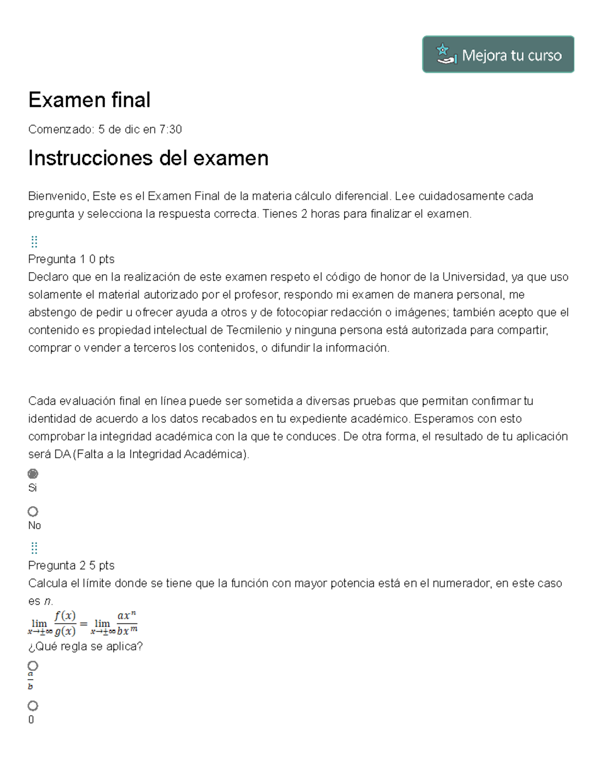 Examen Final Cálculo Diferencial (Cálculo I) - Preguntas y Respuestas - Studocu