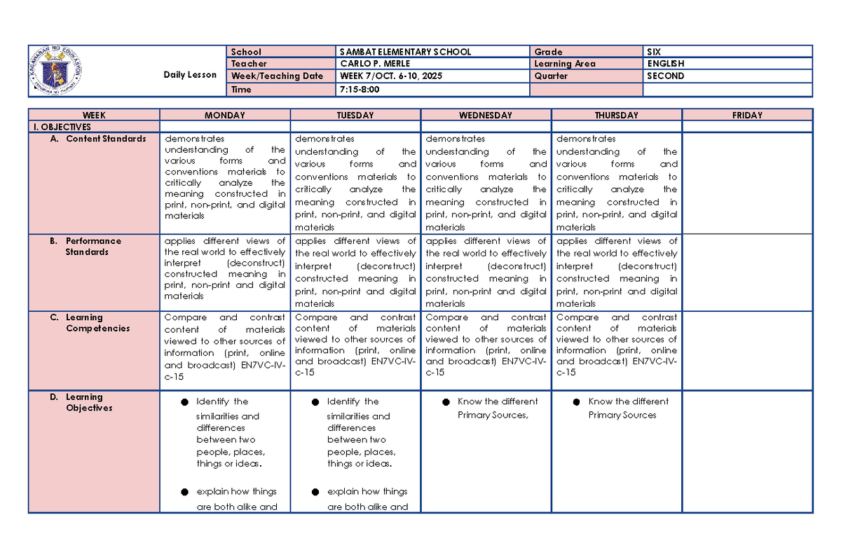 GR 6 English Week 6 Lesson Plan: Compare & Contrast Skills - Studocu