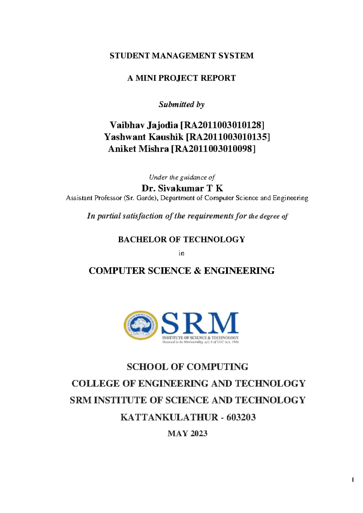 Student Management System Mini Project Report - 18CSC303J - Studocu