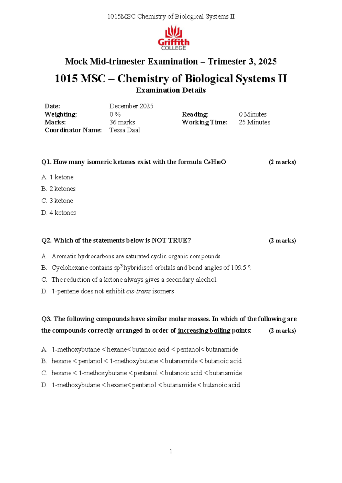 Mock Exam 1015MSC Chemistry of Biological Systems II T3 2025 - Studocu