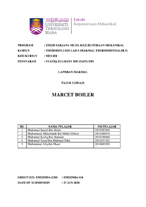 Lab 1 - Marcet Boiler Lab Report - DEPARTMENT OF MECHANICAL ENGINEERING TECHNOLOGY Faculty of ...