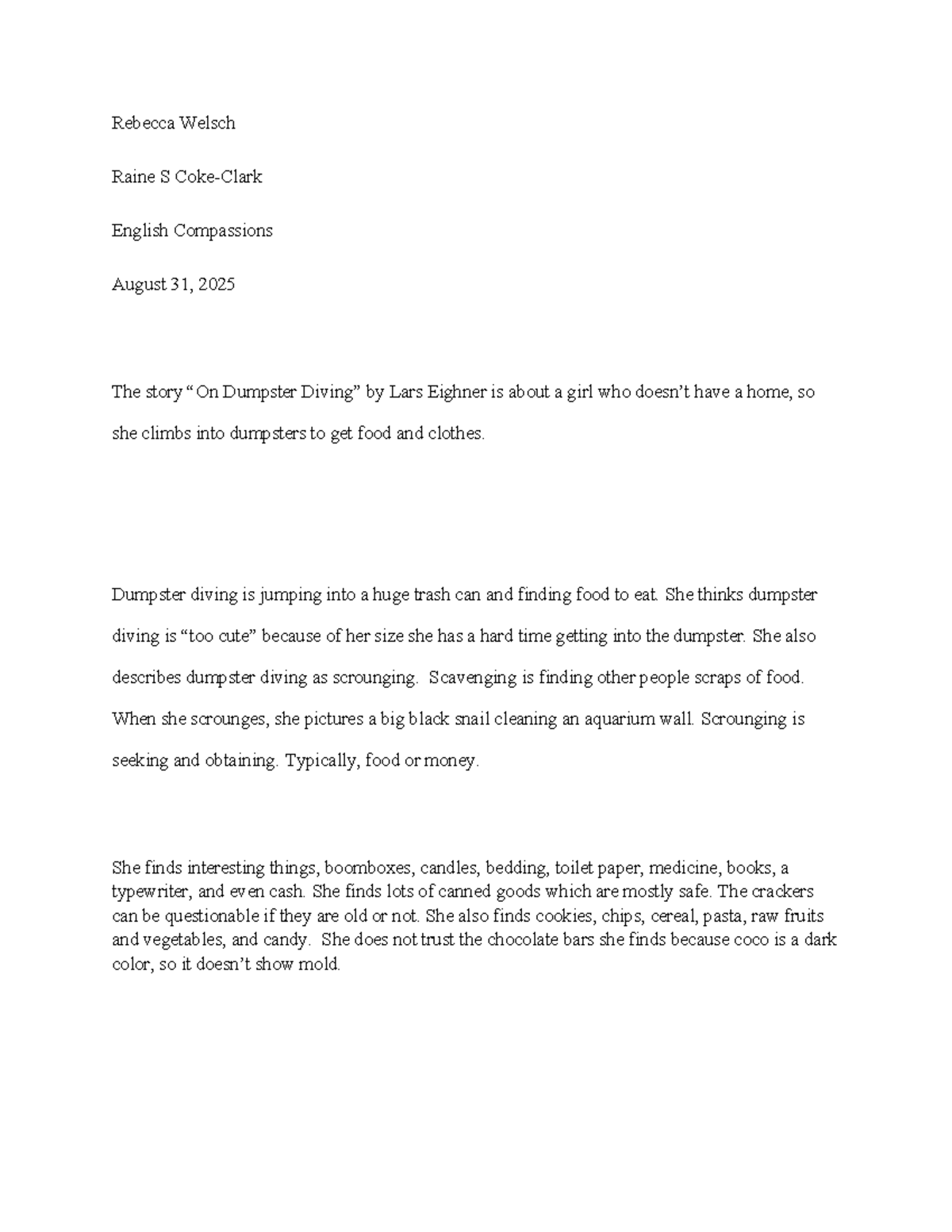 ENG 101 Short Story Summary: "Dumpster Diving" by Lars Eighner - Studocu