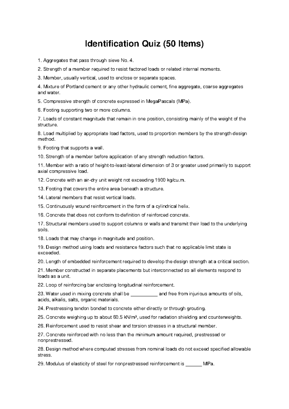 Identification Quiz (50 Items) - Practice for Structural Engineering ...