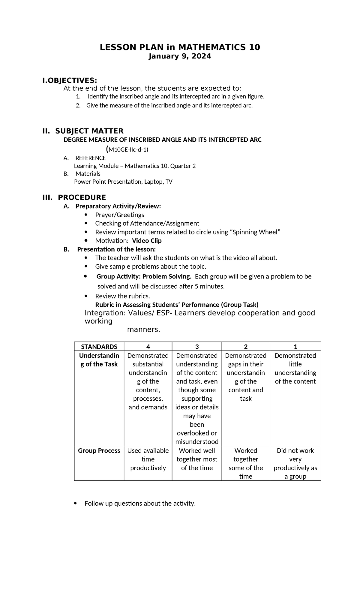 lesson plan in finding the degree measure of intercepted arc - LESSON ...