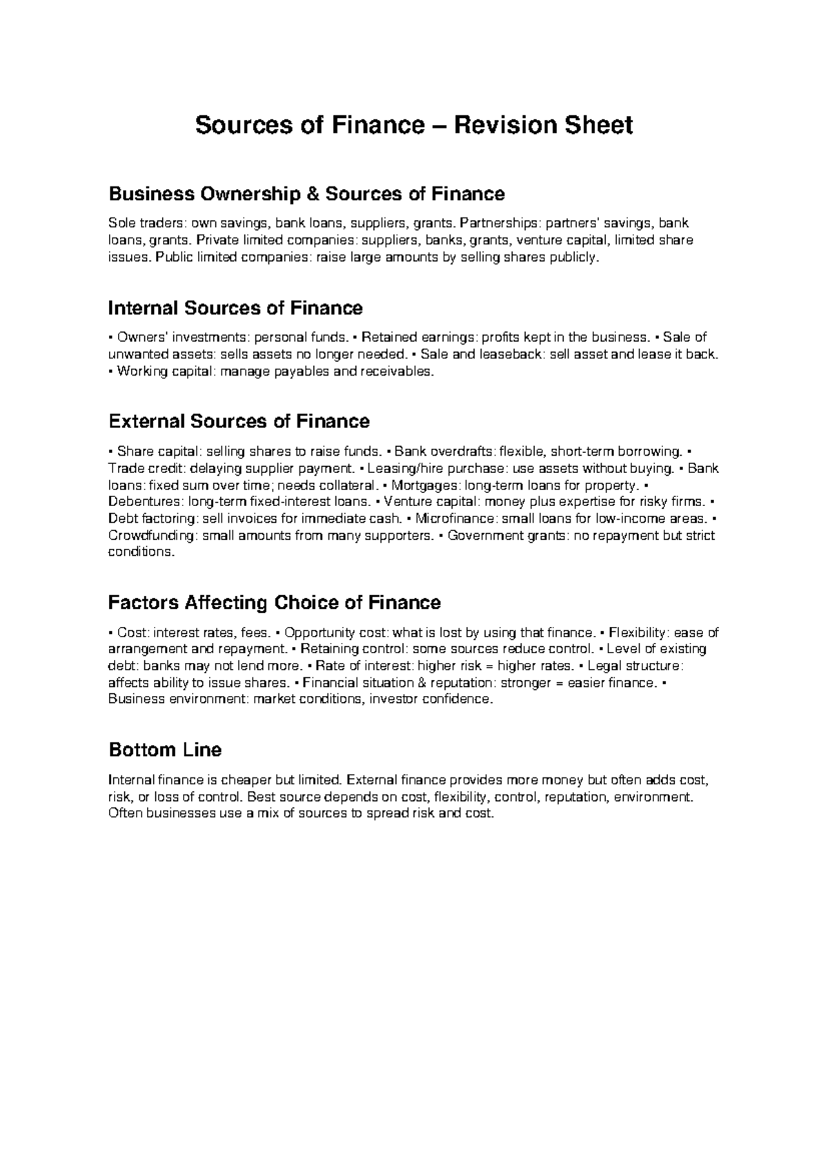 Sources of Finance Revision Sheet: Business Ownership & Funding Options ...