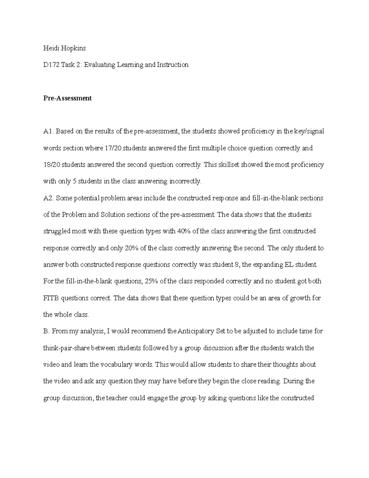 D172 Task 2: Evaluating Learning and Instruction Insights - Studocu