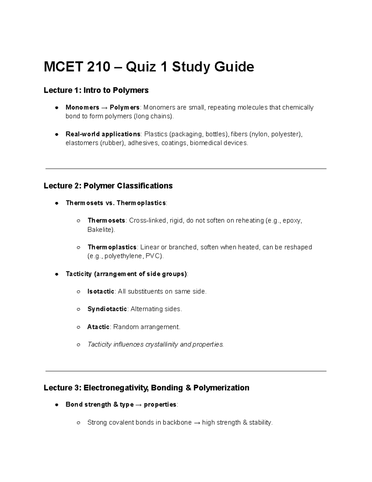 MCET 210 Quiz 1 Study Guide: Intro to Polymers and Properties - Studocu
