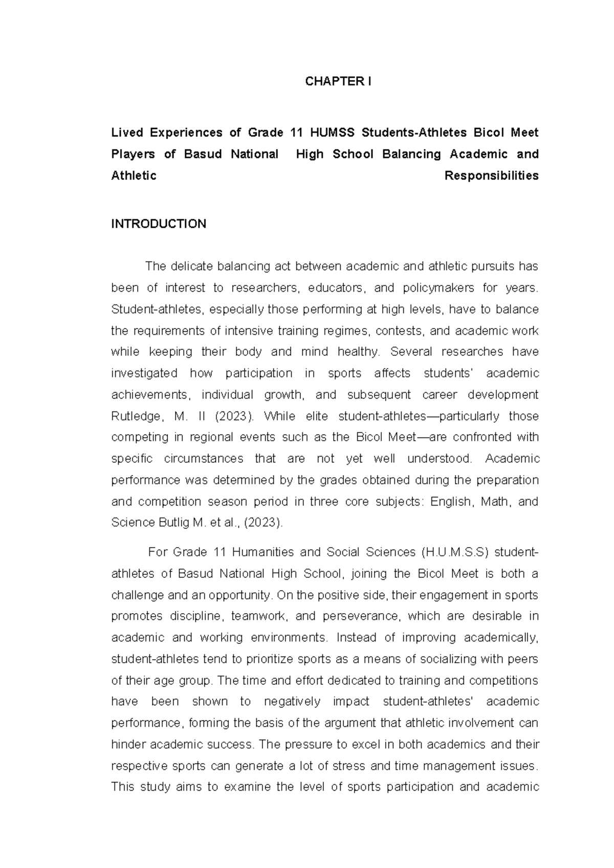 CHAPTER I Lived Experiences of Grade 11 HUMSS Bicol Meet Athletes at ...