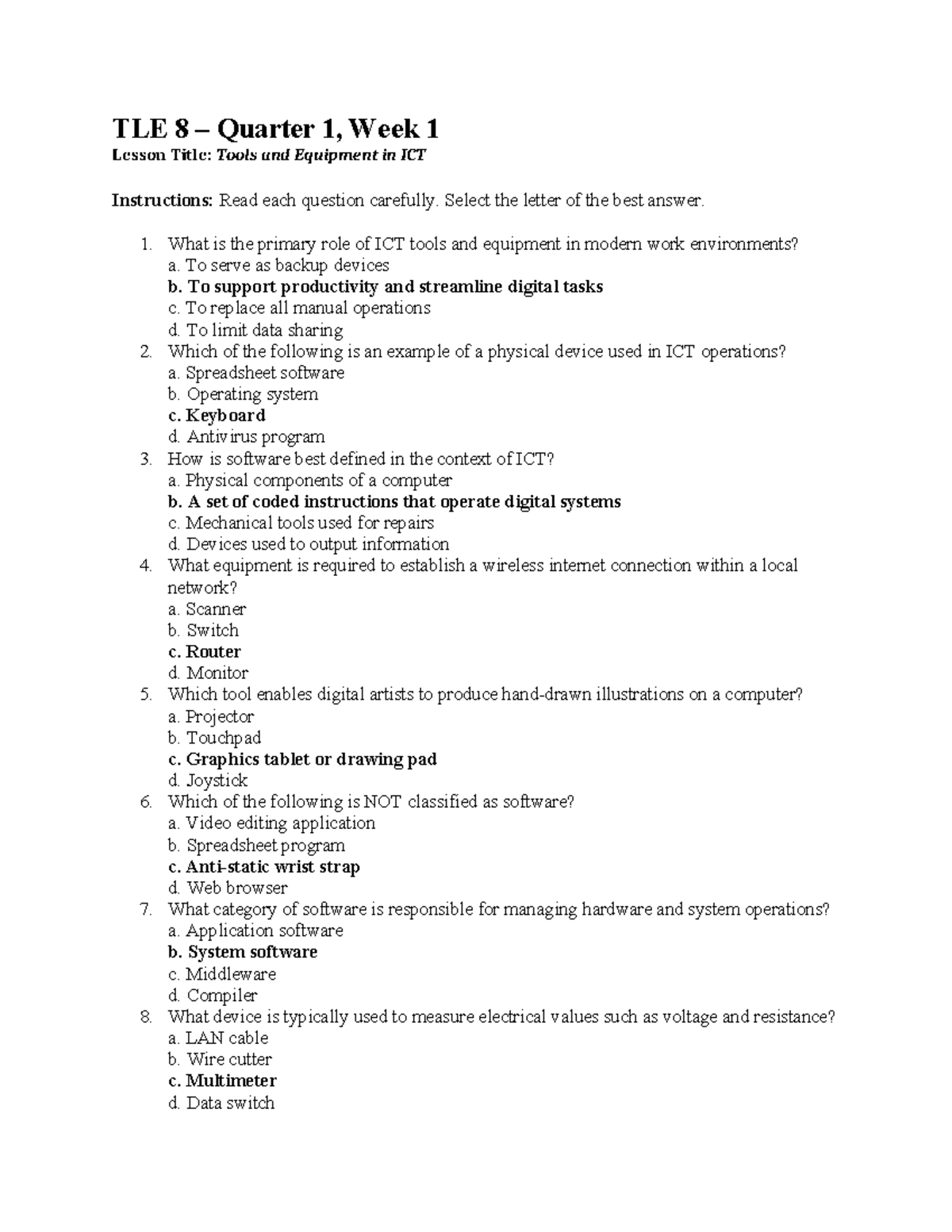 TLE 8 Q1 W1 Lesson: Tools & Equipment in ICT - Long Quiz - Studocu
