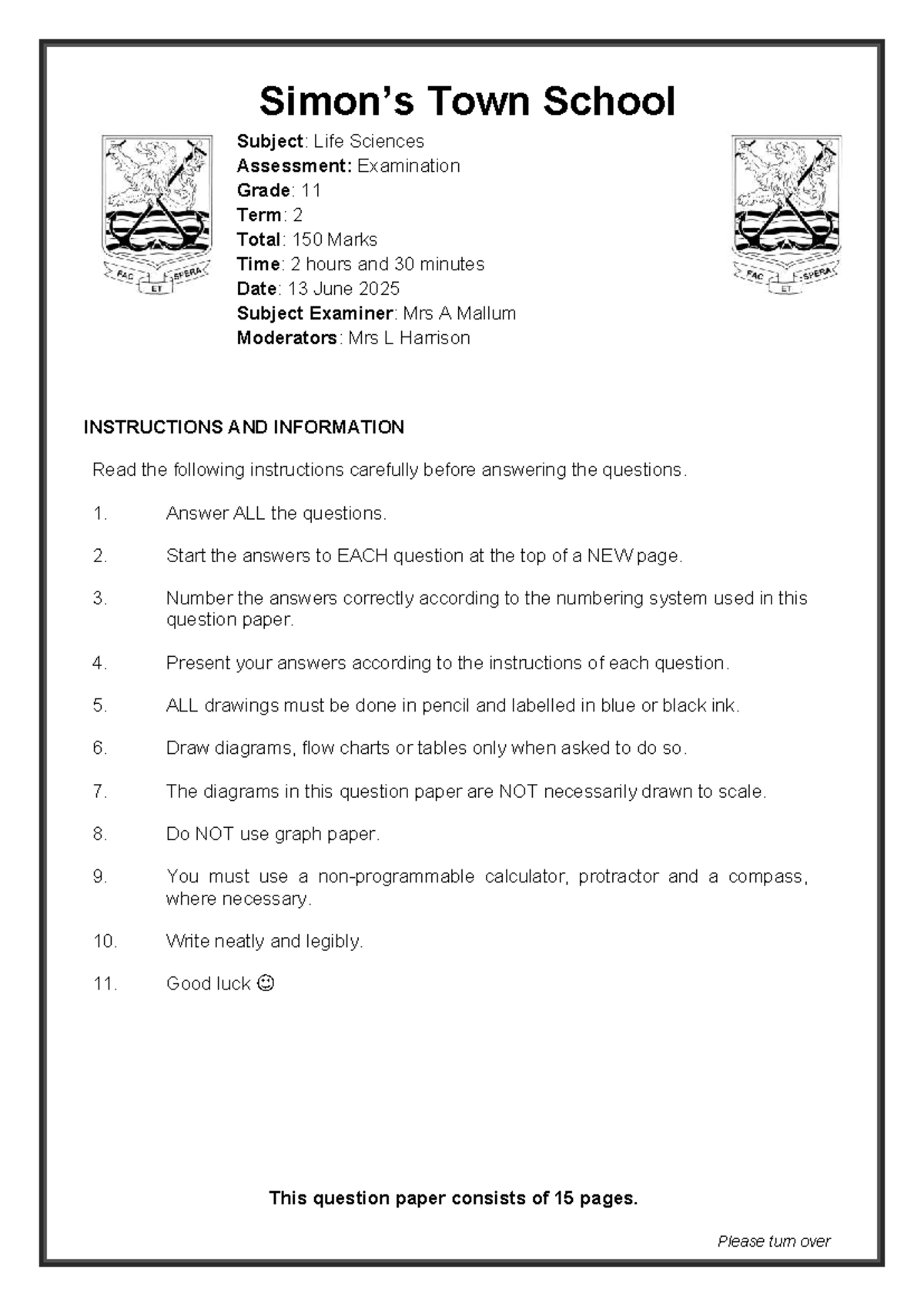 Life Sciences Grade 11 Term 2 Test - 2025 Examination - Studocu