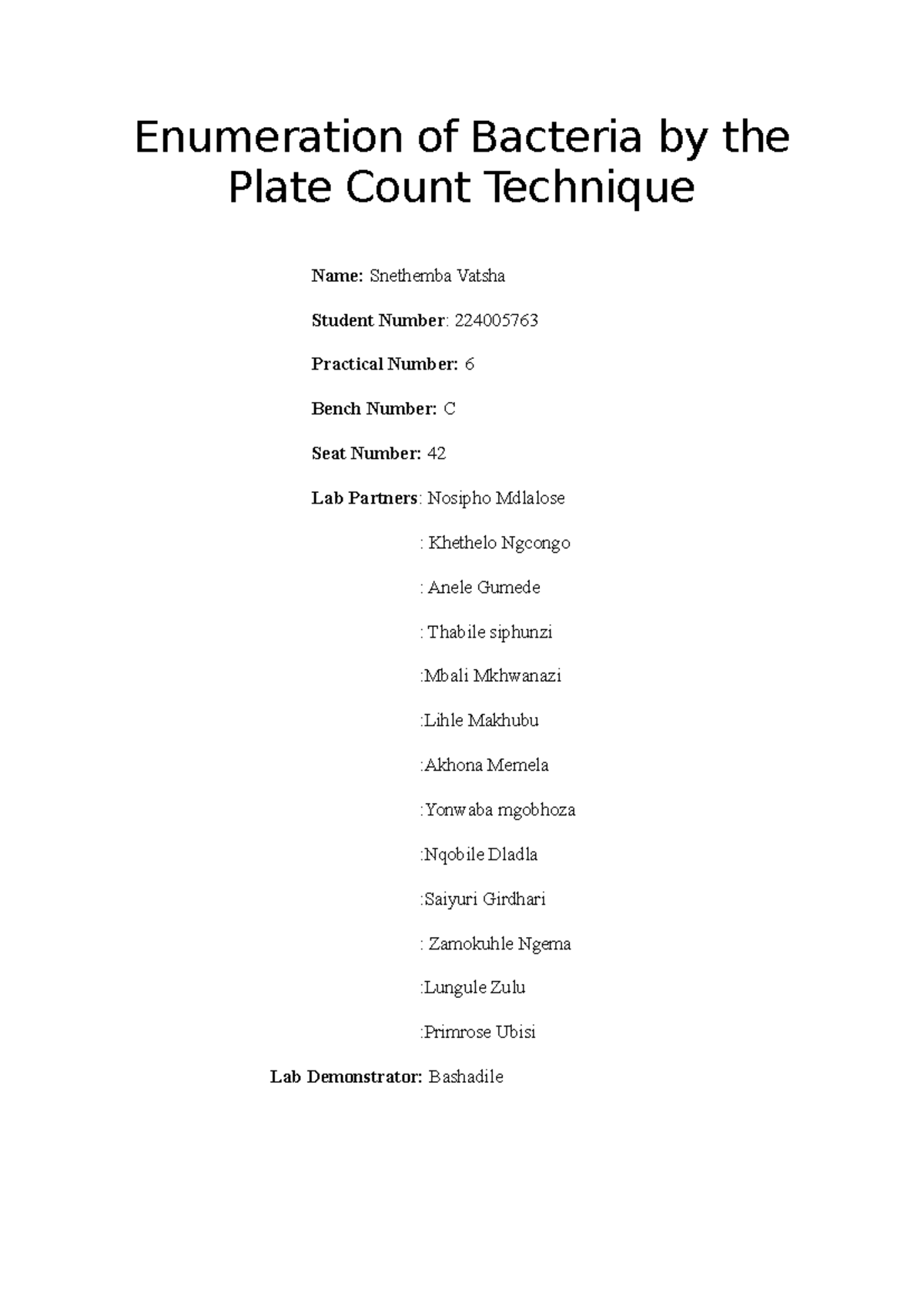 Final Report on Enumeration of Bacteria Using Plate Count Technique ...