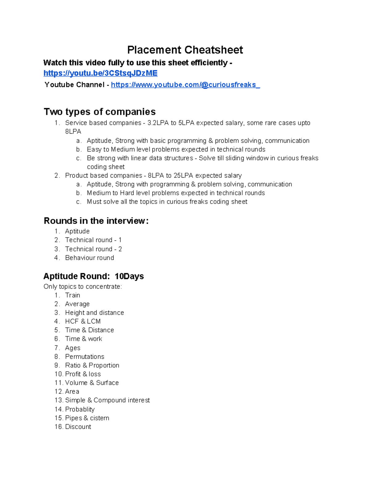 Placement Preparation Cheatsheet - Curious Freaks Guide - Studocu