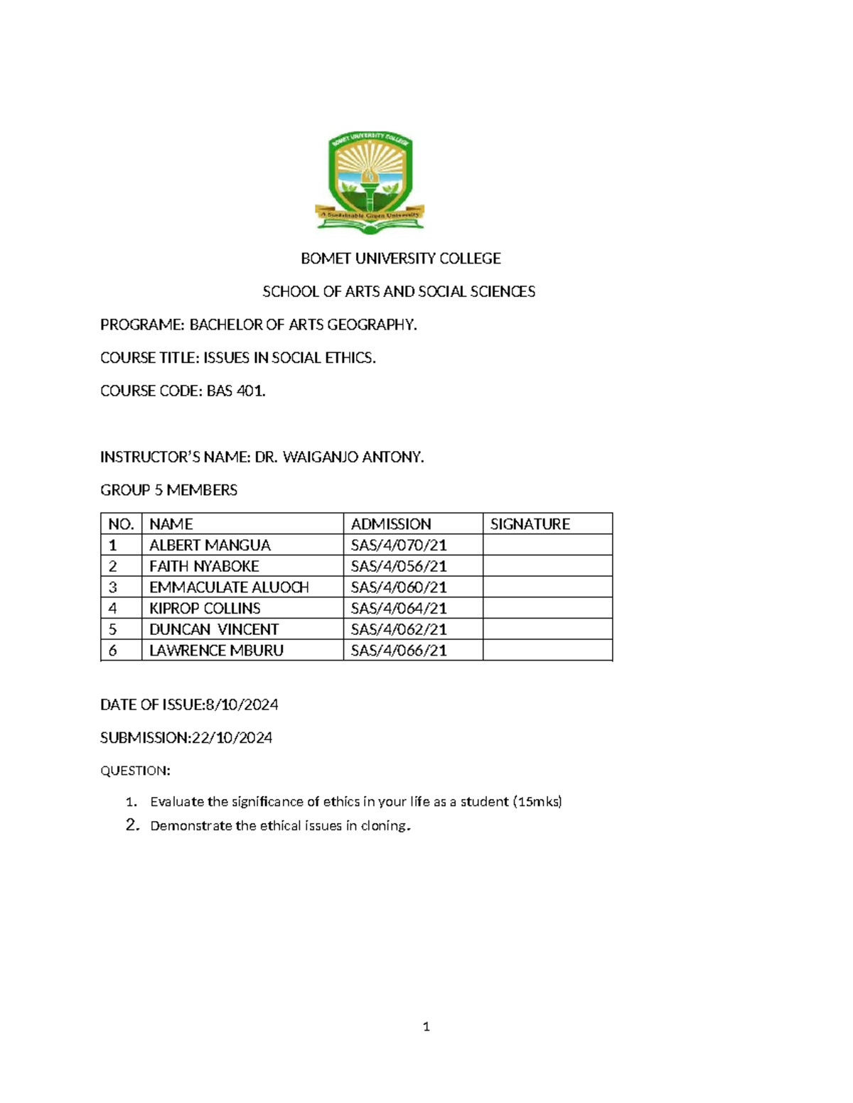 BAS 401 DOC - A BRIEF HISTORY OF AFRICA - BOMET UNIVERSITY COLLEGE ...