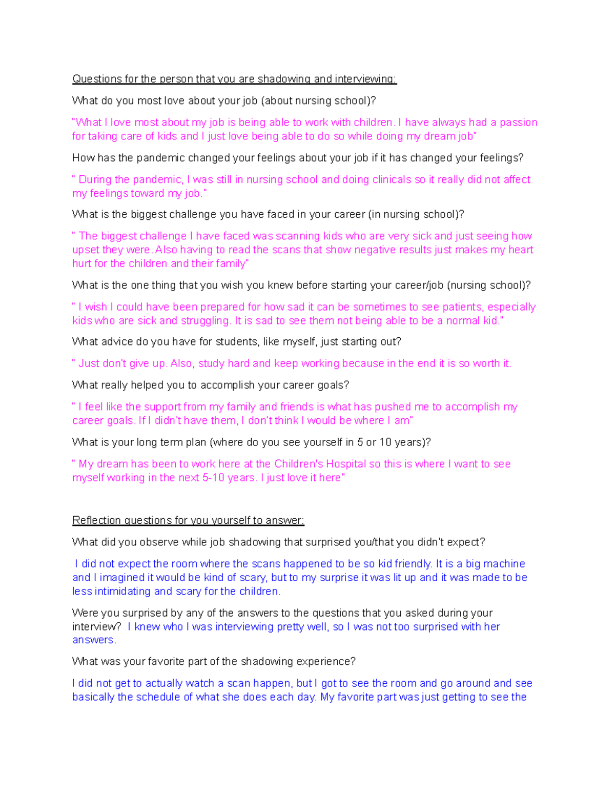 Nursing Job Shadowing Experience - Reflection & Insights - Studocu