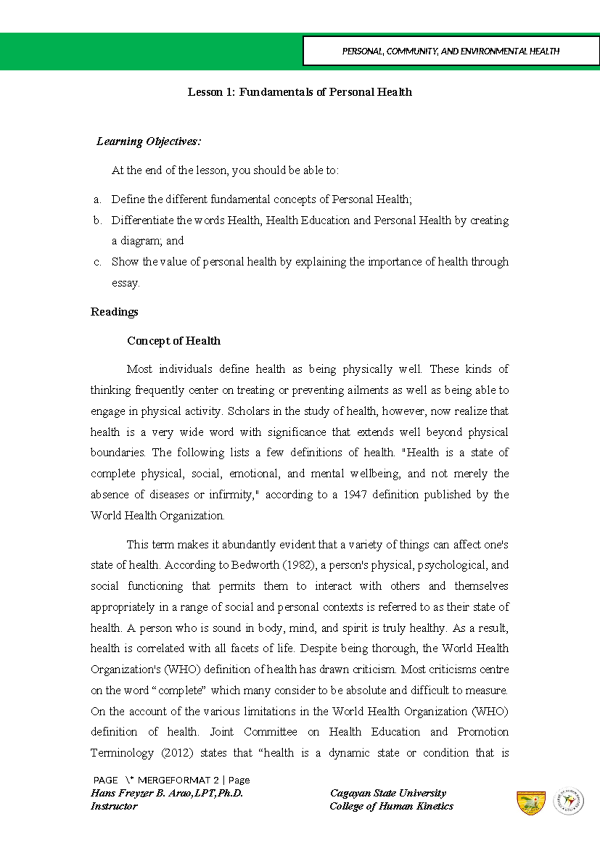 PERSONAL, COMMUNITY, AND ENVIRONMENTAL HEALTH Lesson 1: Fundamentals of ...