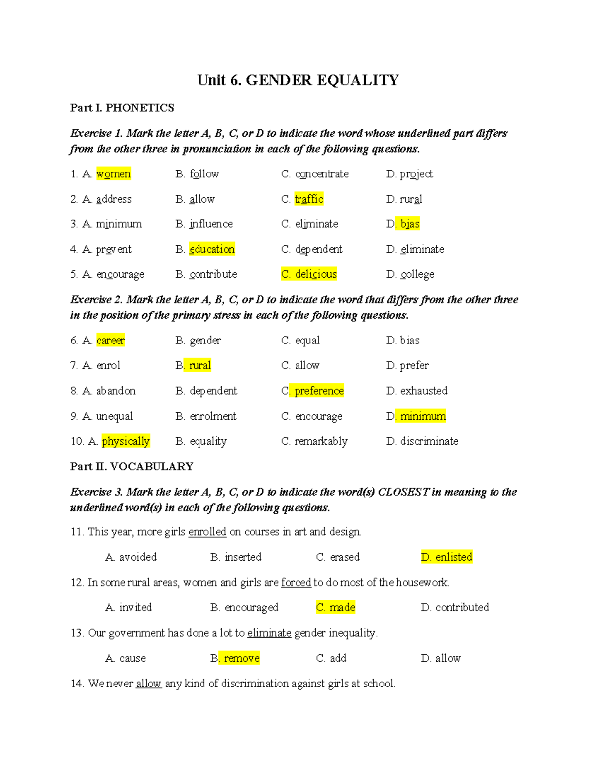 Unit 6: GENDER EQUALITY - Phonetics & Vocabulary Exercises - Studocu