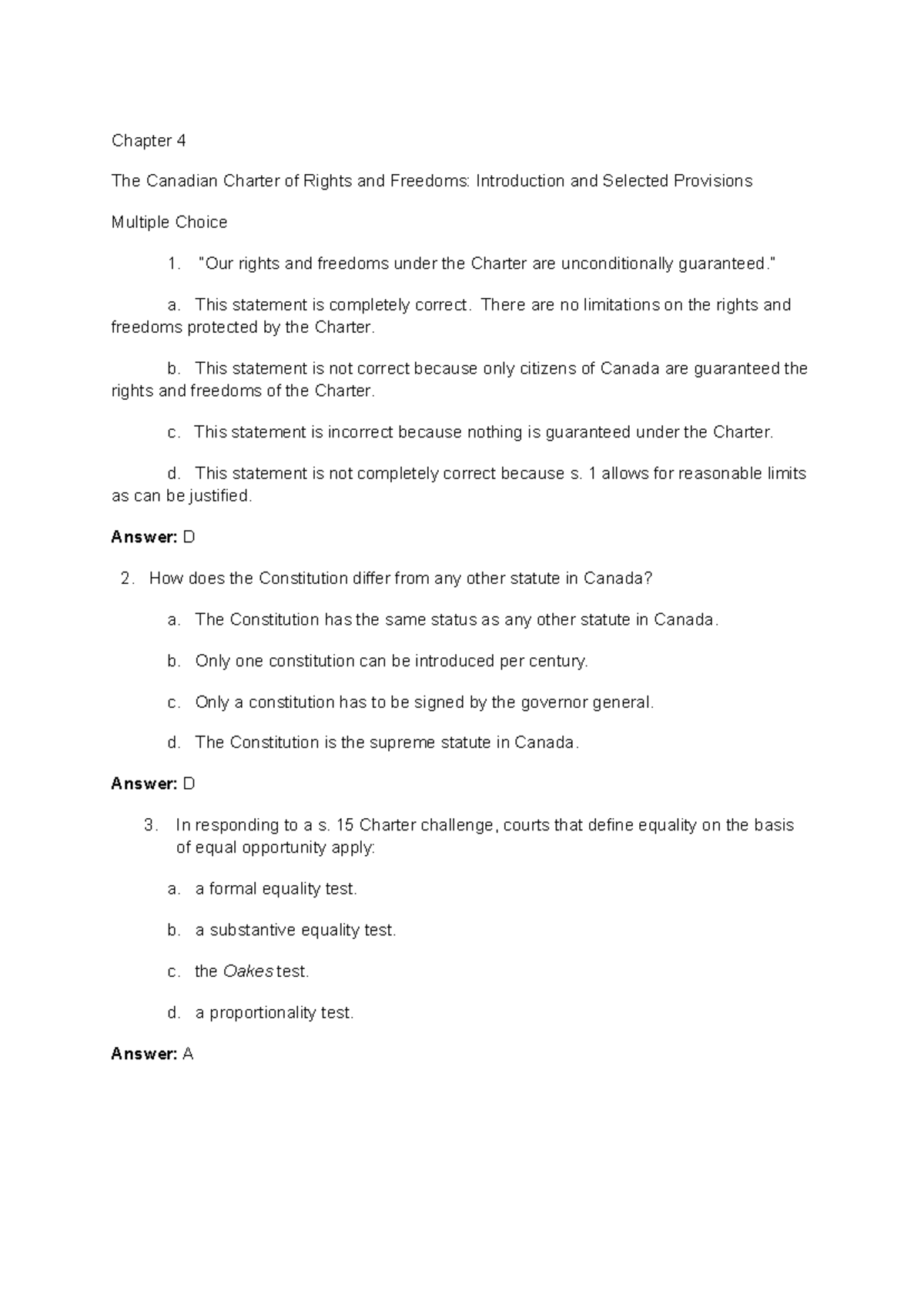 Chapter 4 - Quiz on the Canadian Charter of Rights & Freedoms - Studocu