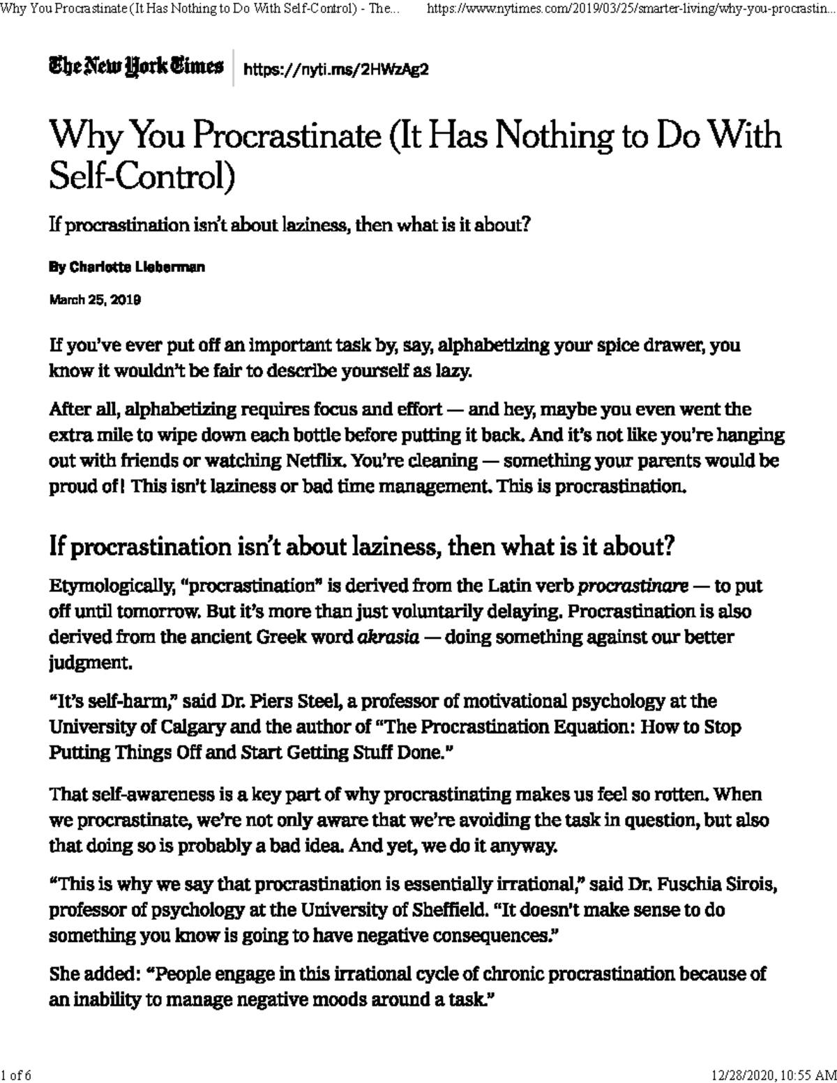 Understanding Procrastination: Insights Beyond Self-Control - NY Times - ENGL 410 - Studocu