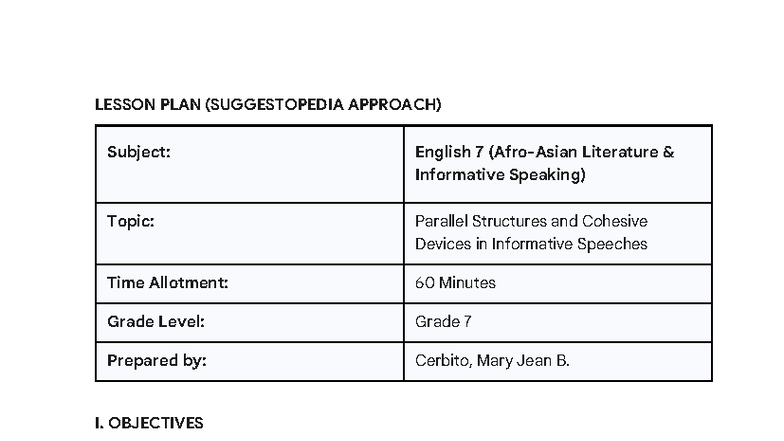 Lesson Plan: Parallel Structures & Cohesive Devices (Eng 7) - Studocu