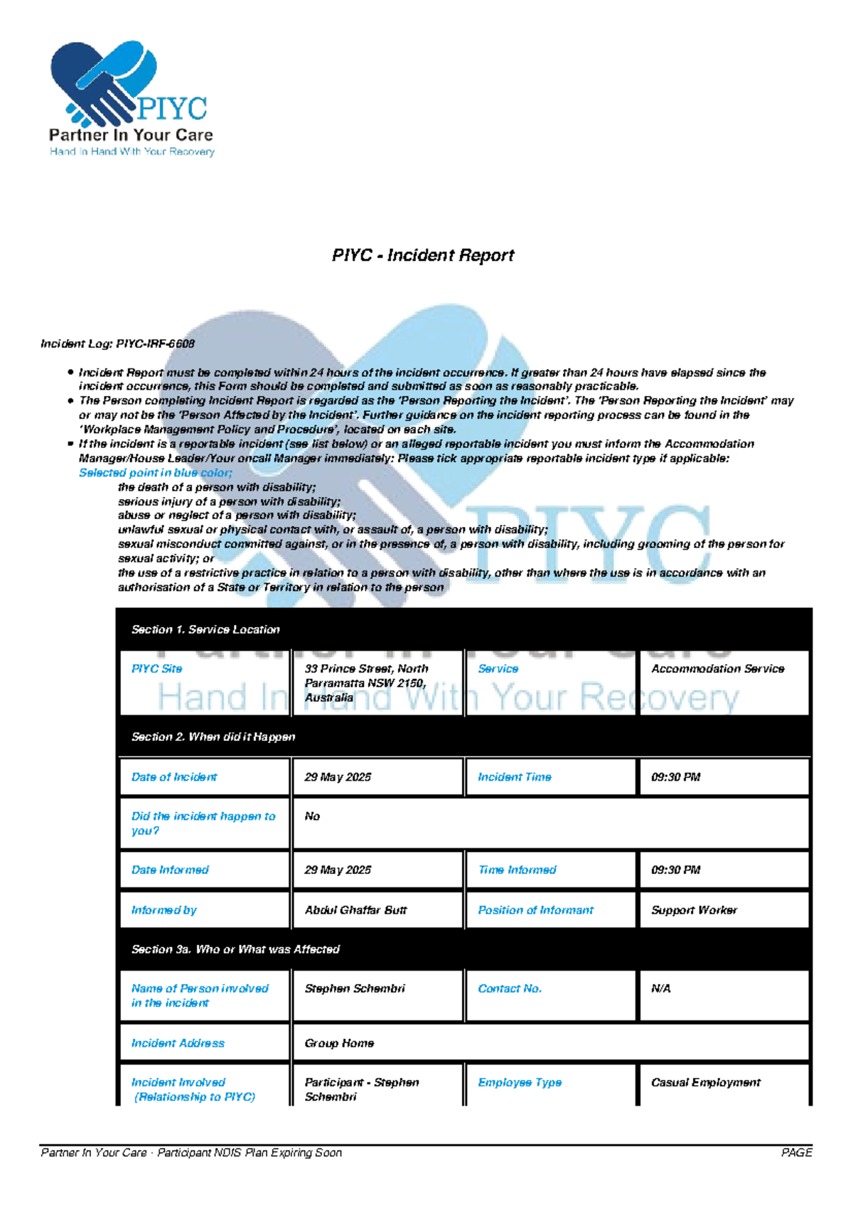 PIYC Incident Report: Medication Refusal by Participant Stephen ...