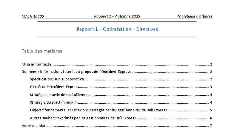 MATH 10605 Rapport 1 Automne 2025 : Stratégies d'Optimisation pour Rail ...