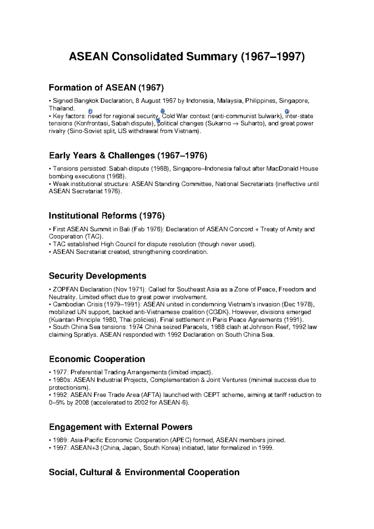 ASEAN Consolidated Summary: Formation and Early Challenges (1967) - Studocu