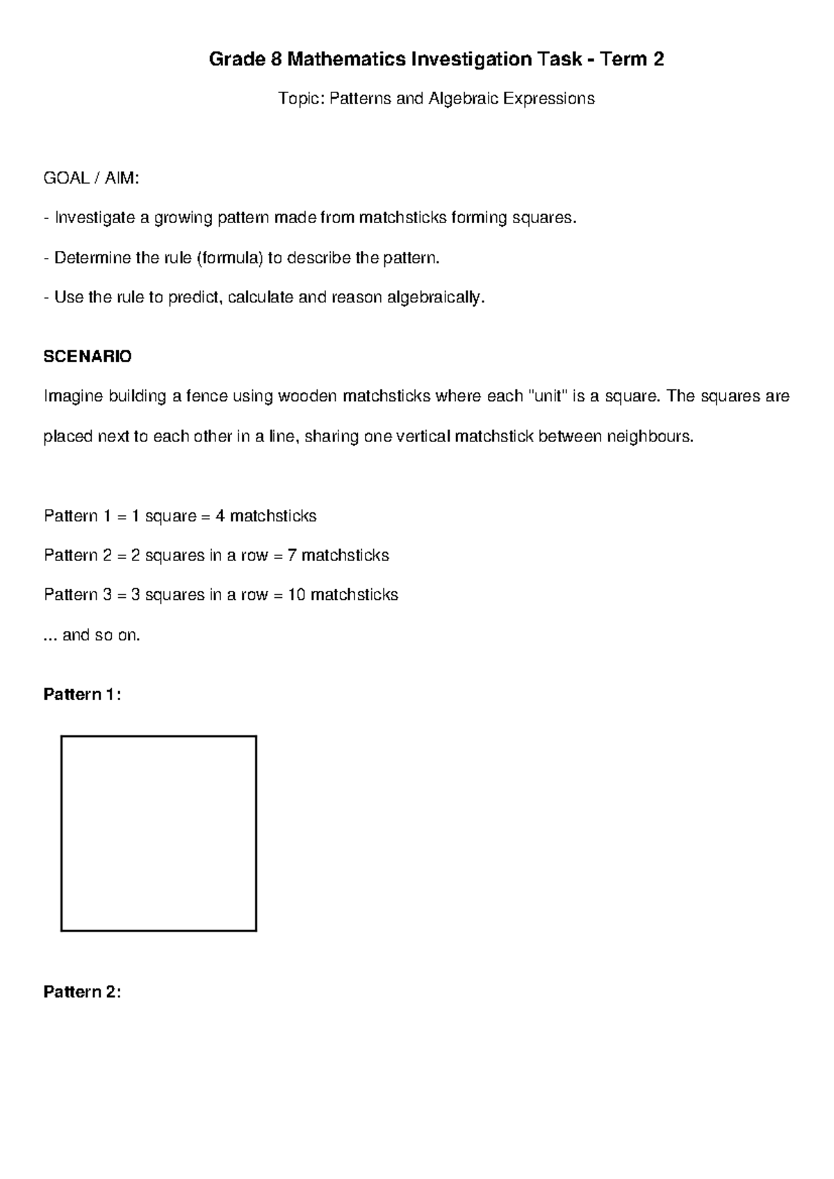 Grade 8 Maths Term 2 Investigation: Patterns and Algebraic Rules - Studocu