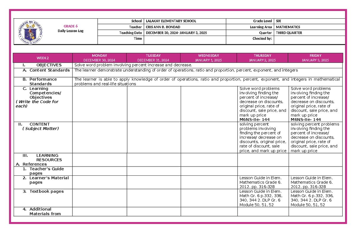 Q3 WEEK 2 Daily Lesson Log: Math 6 on Percent Increase & Decrease - Studocu