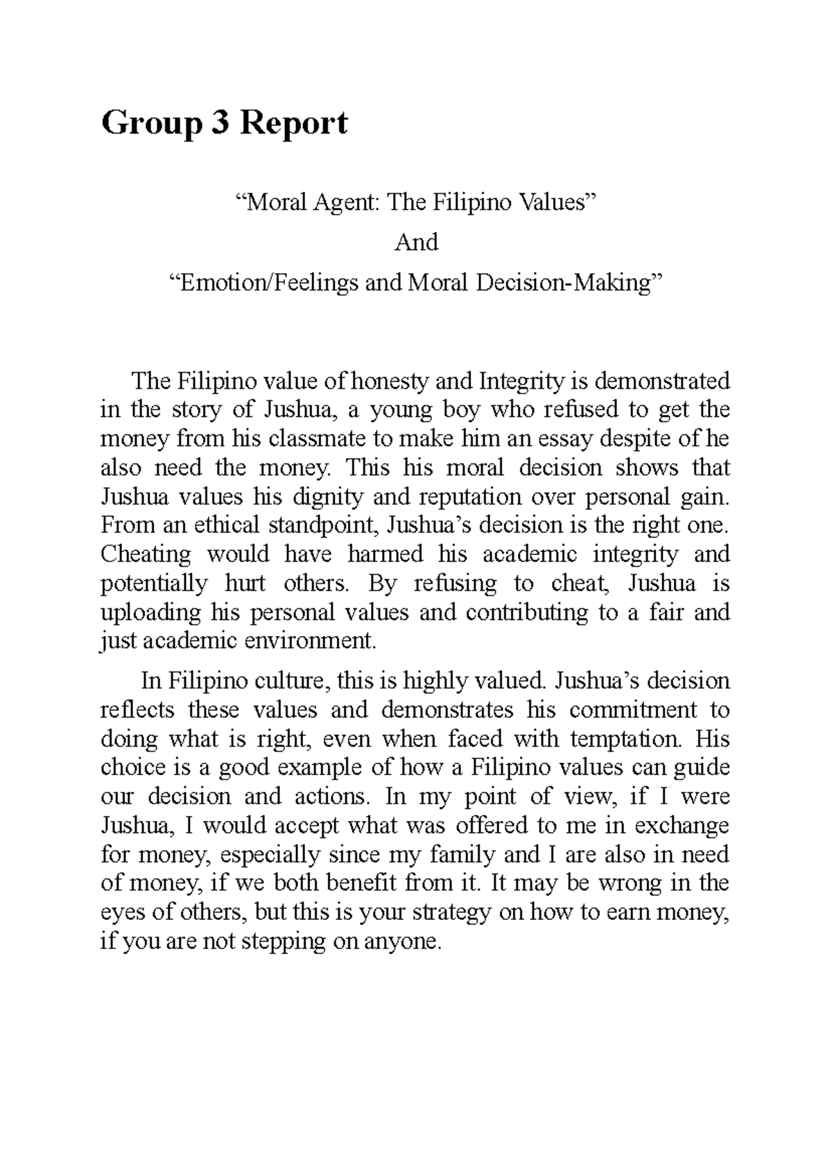 Group 3 Report: Filipino Values of Honesty and Integrity in Ethics ...