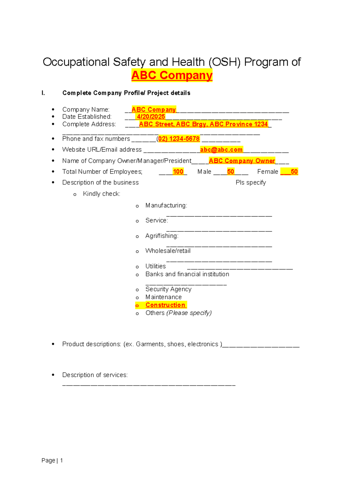 OSH Program Template for ABC Company (RA 11058) - April 2025 - Studocu