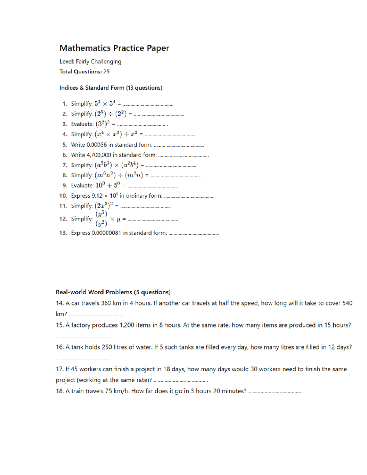 Mathematics Practice Paper: Indices & Standard Form (HW 20-9) - Studocu