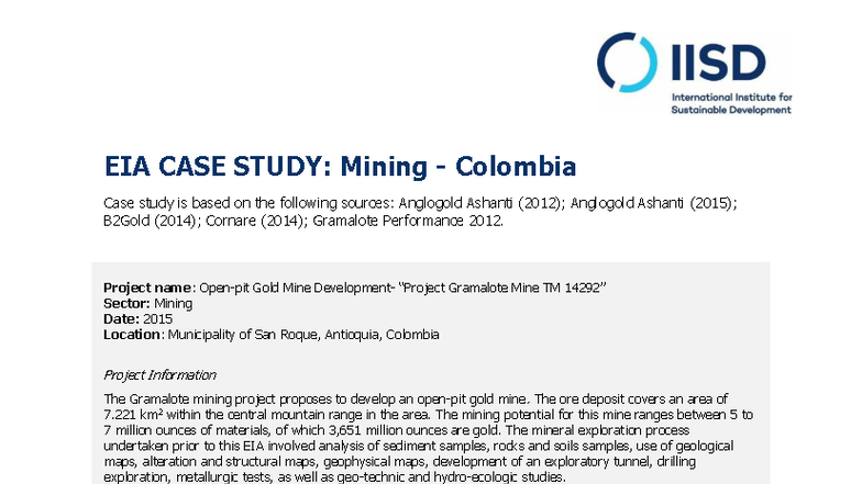 EIA Case Study: Gramalote Gold Mine Project (TM 14292) - Studocu